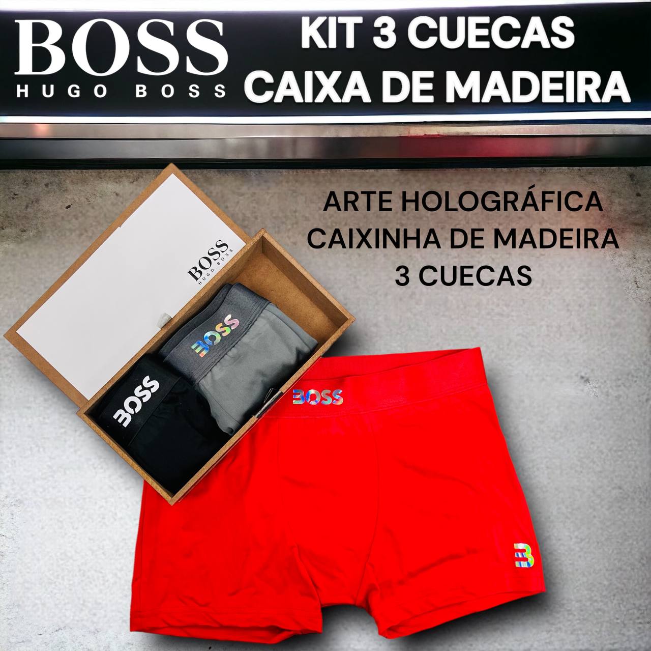 KIT COM 3 CUECAS NA CAIXA DE MADEIRA BOSS - Uniquess - Loja Virtual
